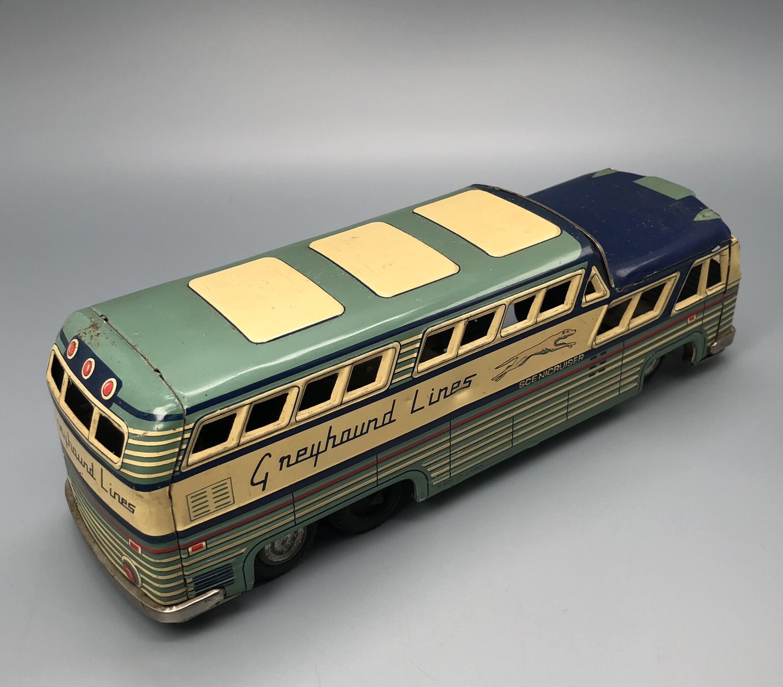 Vtg 1950s Tin Toy Friction Bus / 9" Greyhound Lines Scenicruiser ...
