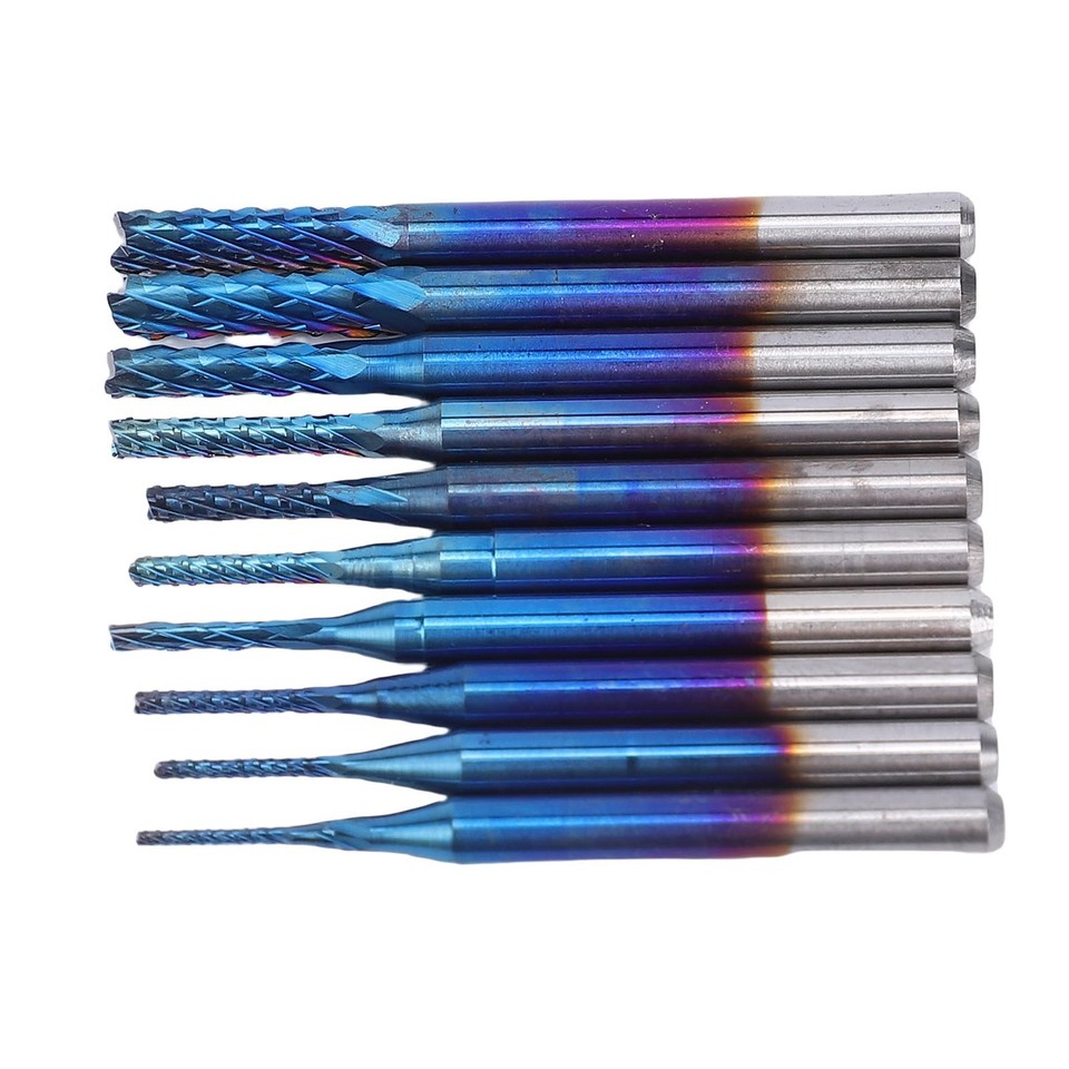 10x End Mill 0.8-3mm 1/8in Shank Blue Coated Carbide CNC Router Bit Set ...