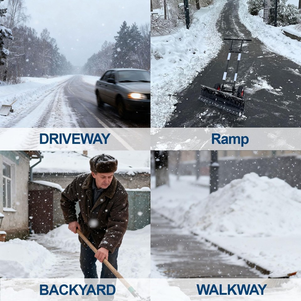 Snow Pusher Hand Plow for Snow Removal with Wheels Adjustable Handle ...