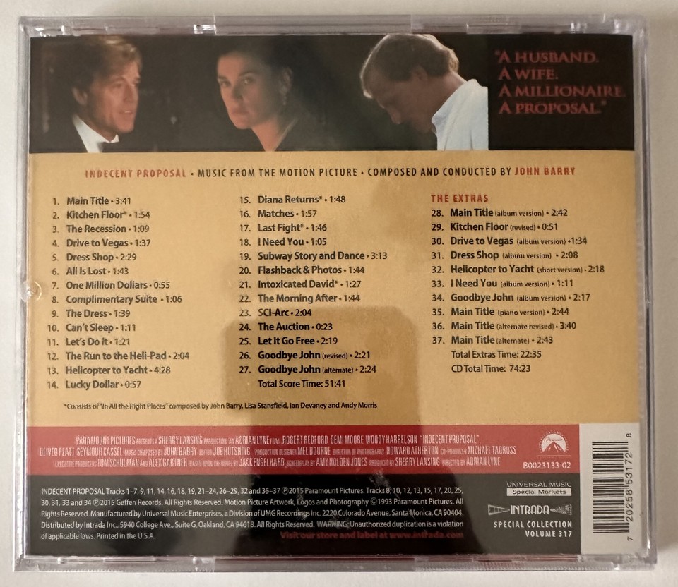 John Barry INDECENT PROPOSAL Soundtrack Score Intrada ISC 317 CD | eBay