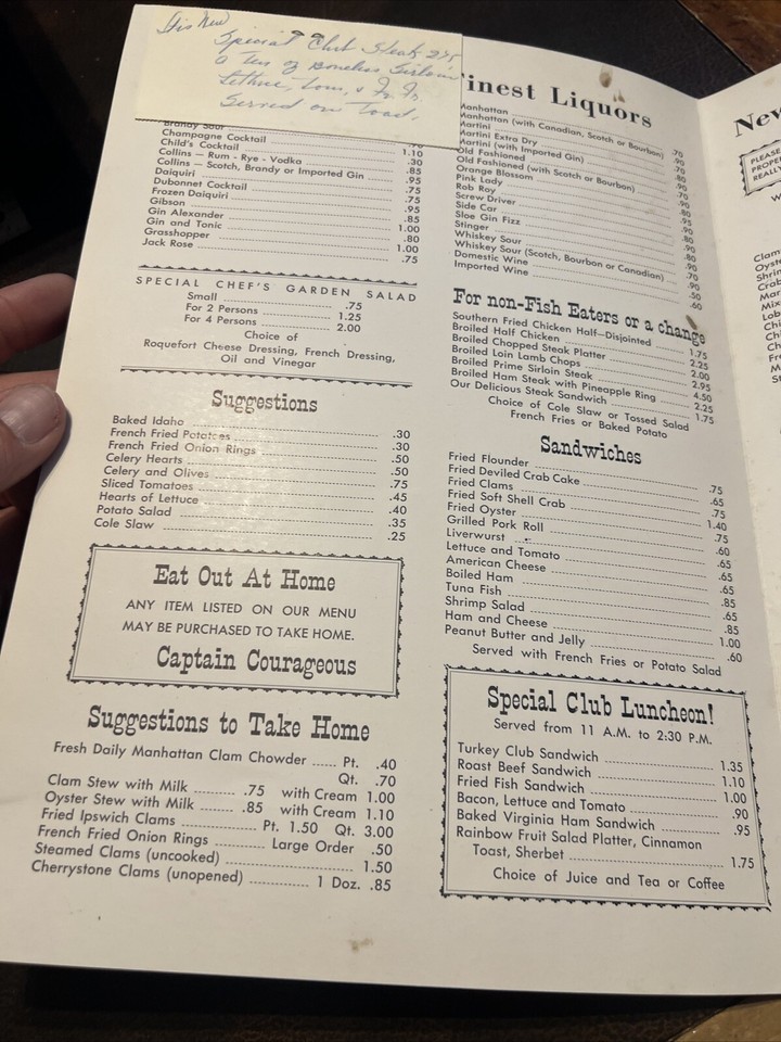 Vintage Restaurant Menu Captain Courageous Tom’s River New Jersey | eBay