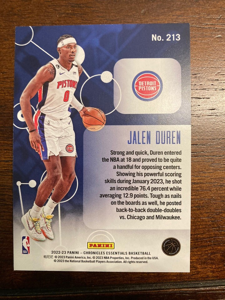 2022-23 Panini Chronicles Jalen Duren Detroit Pistons Essentials Rookie ...