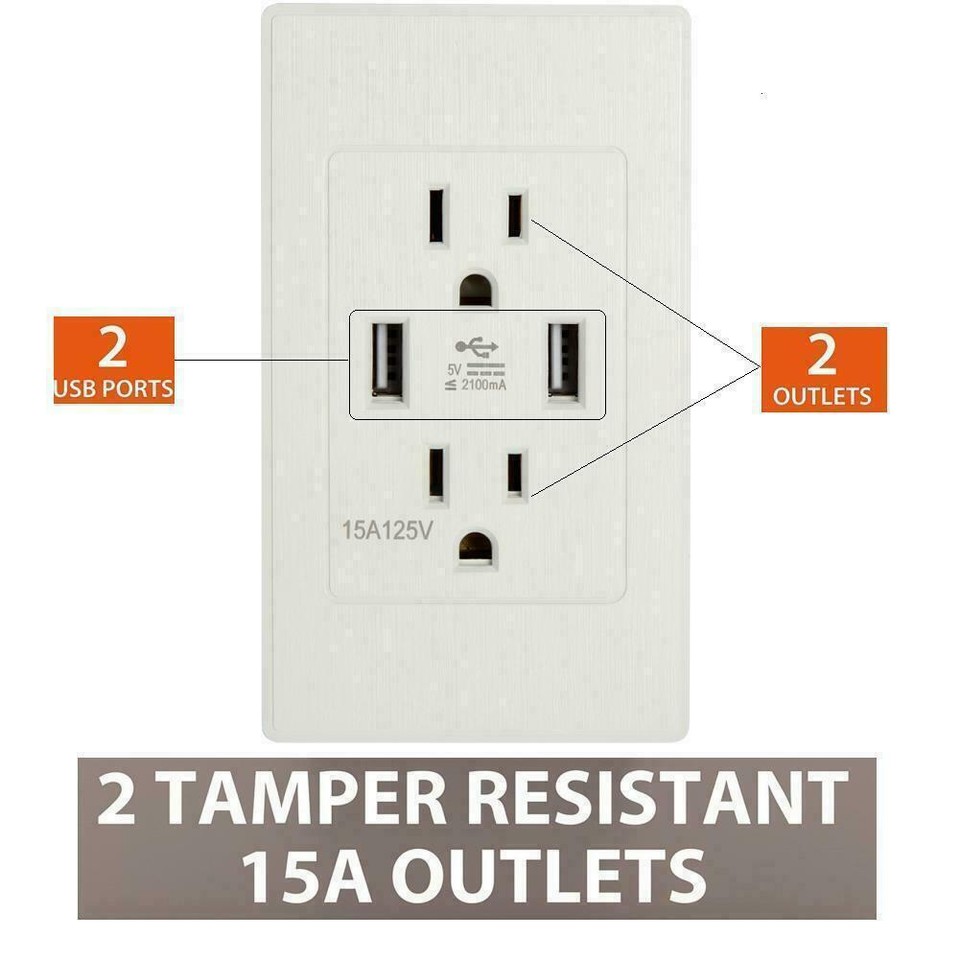 Dual Wall Outlet with USB Ports Charger AC Power Receptacle Plate Panel ...