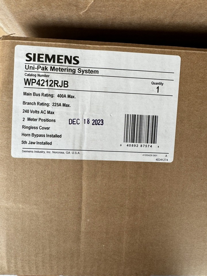 Siemens 2-Gang 400A 225A RINGLESS BYPASS WP4212RJB UNI-PAK Meter Stack ...