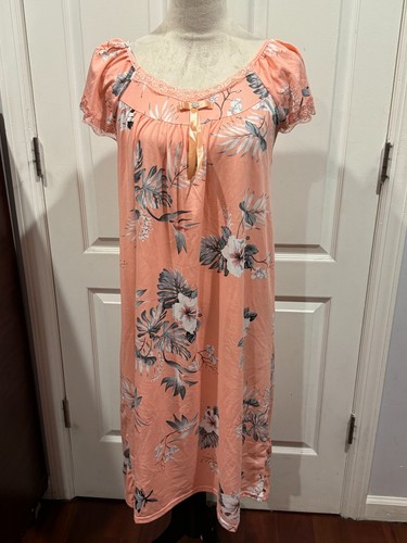 Women Short Sleeve V Neck Nightgown Peach Multi Floral Size L/XL 40"L x ...