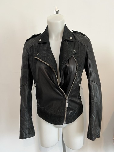 Karl Lagerfeld Women’s Black Zipper Goat Skin Leather Motorcycle Jacket ...