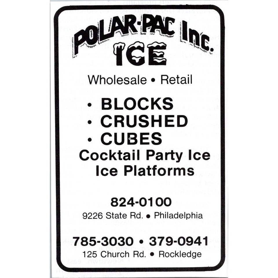 Polar-Pac Inc Ice Wholesale Retail Blocks 1985 Bucks County PA Ad SAH7-S69 | eBay