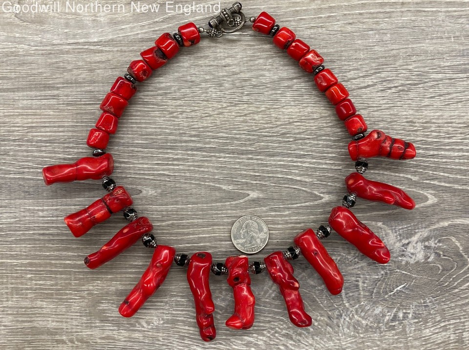 Unmarked Tests Sterling Silver Toggle Clasp Coral Branch Bead Necklace ...