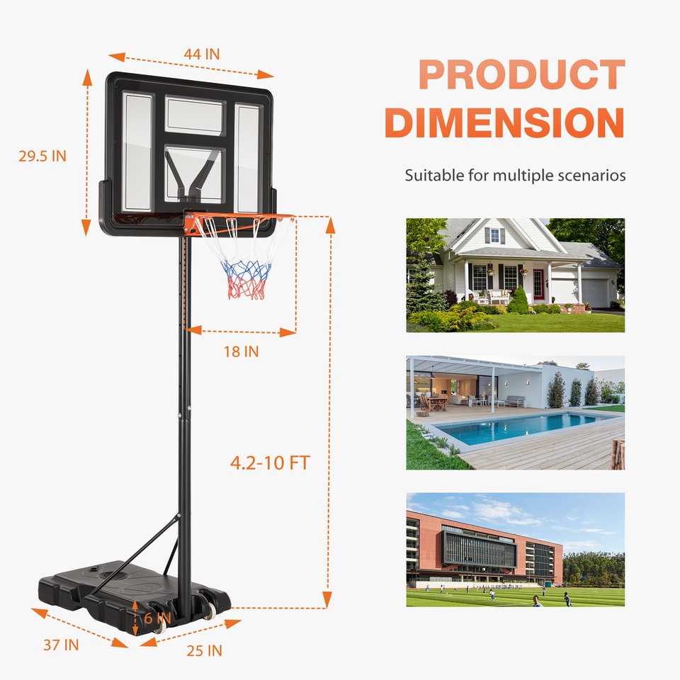 Height-adjustable Portable Basketball Hoop, 44 in Panel, Sports ...