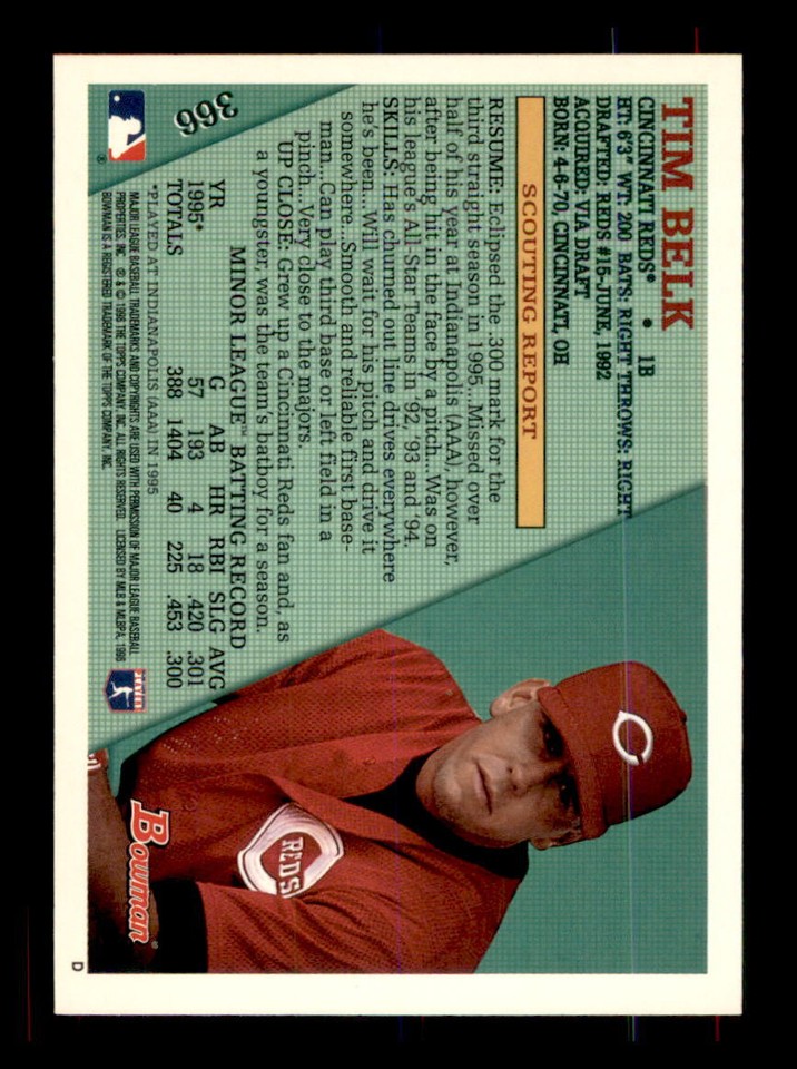 1996 Baseball Bowman Tim Belk Cincinnati Reds #366 3 | eBay