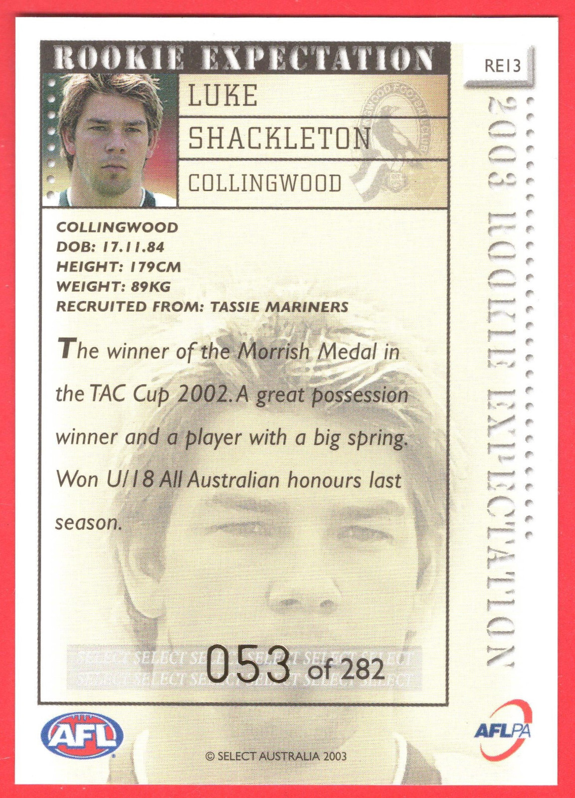 2003 AFL XL [ROOKIE EXPECTATION CARD] - RE13 Luke SHACKLETON ...