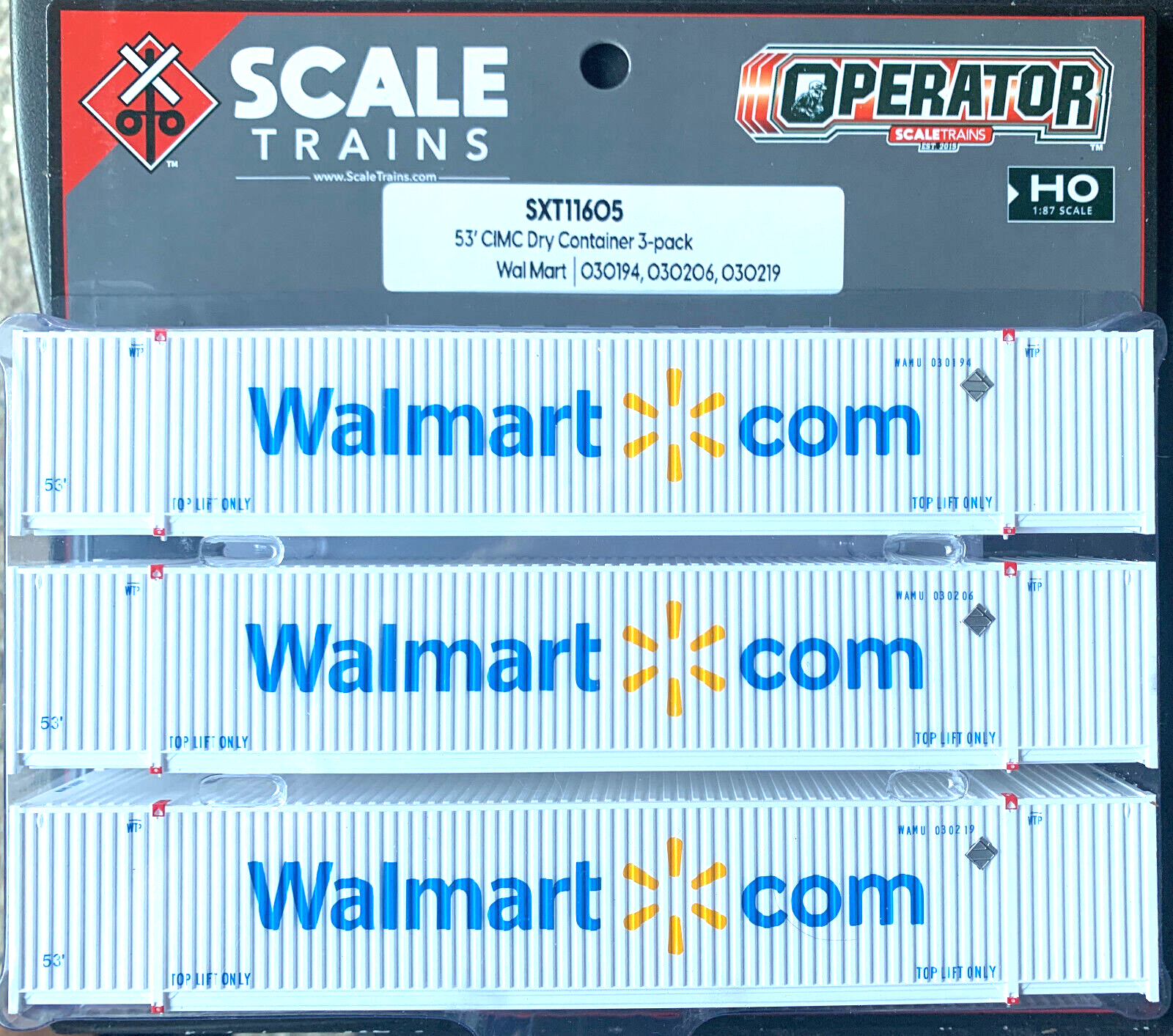 NEW HO WALMART 53’ CONTAINERS X 3 SCALE TRAINS SXT 11605 CIMC DRY | eBay