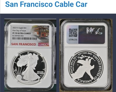 2023 S PROOF SILVER EAGLE NGC PF70 UC FIRST DAY ISSUE FDI Red Cable Car ...