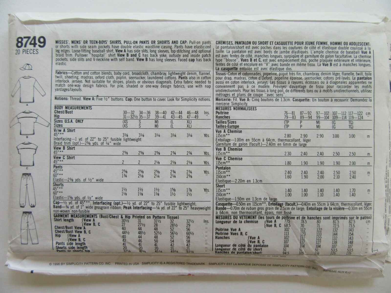 NOS Simplicity 8749 Juniors Baggie Shirt Teen Pull-On Pants Cap XS-S ...