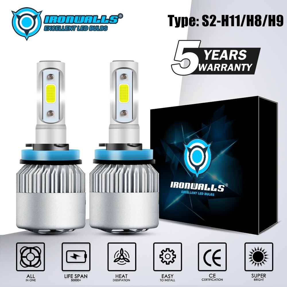 IRONWALLS H11 H8 H9 COB LED Headlight Kits 2000W Bulbs High Power 6000K ...