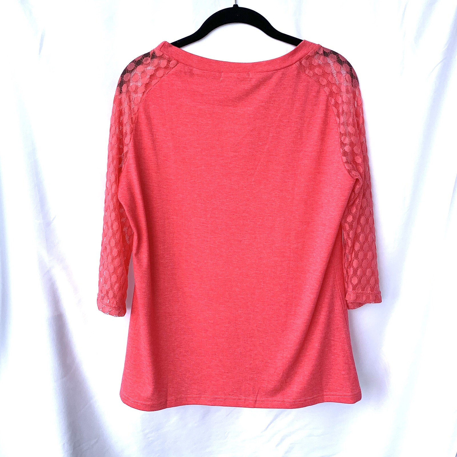 Womens M Coral Pink Heathered 3/4 Lace Sleeve, Round Neck Top NWT | eBay