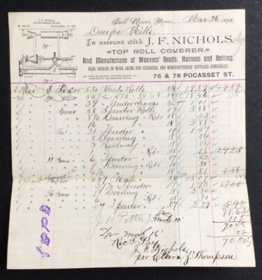 1892 Billhead Fall River Mass J F Nichols Top Roll Grinding Machine # ...
