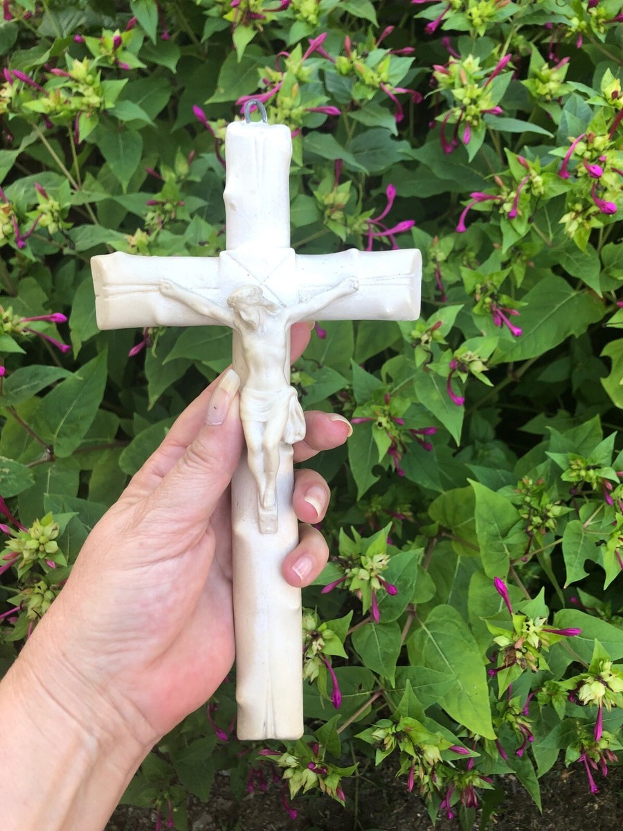 Antique Wrought Iron Wall Crucifix Cross Plaster Chalkware