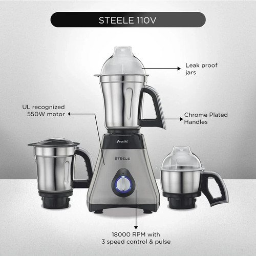 Preethi Steele 110V Mixer Grinder for Kitchen 3 Jar, 550W Mixie Perfect ...