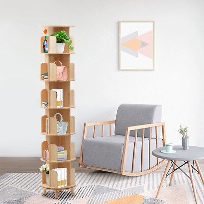 6 Tier Rotating Bookshelf 360 Display Book Shelf Tower Solid Wood ...