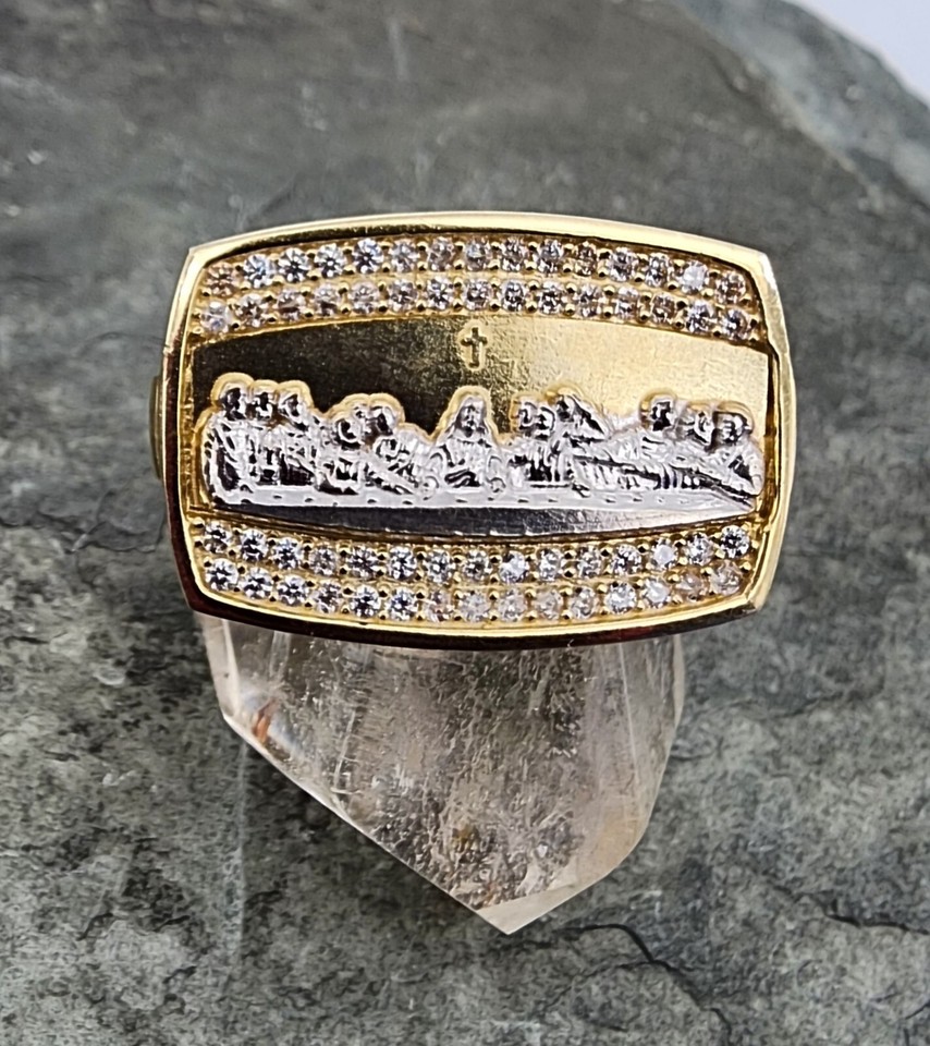 10k .417 Gold Last Supper NG Two-Tone Iced Signet Sz 10 Ring Au 2448 | eBay