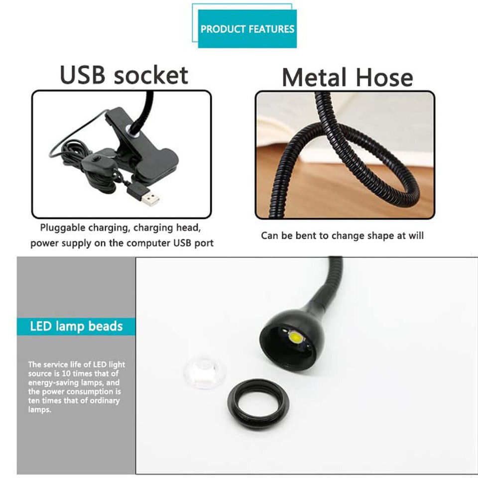 Flexible Clamp Clip On USB Desk Lamp Reading Light LED Bed Table ...