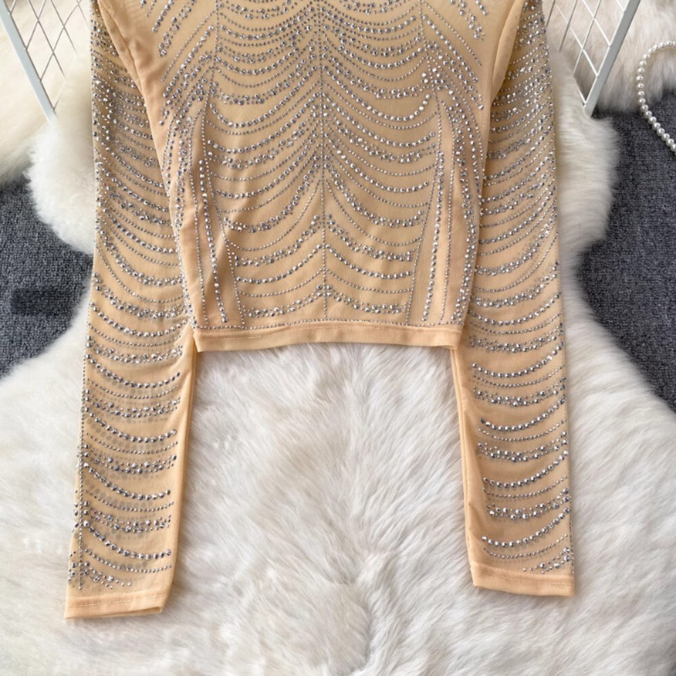 Women Sheer Mesh Crystal Shirts Rhinestone T-shirts Tops Blouse Slim ...