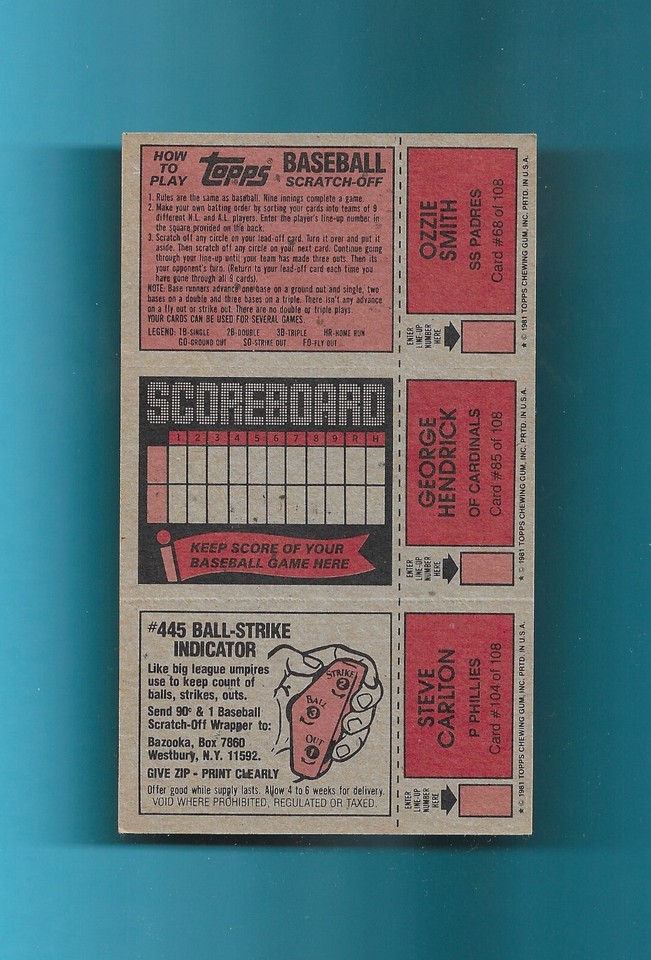 1981 Topps Scratch Off 3 in 1 STEVE CARLTON/OZZIE SMITH/GEORGE HENDRICK ...