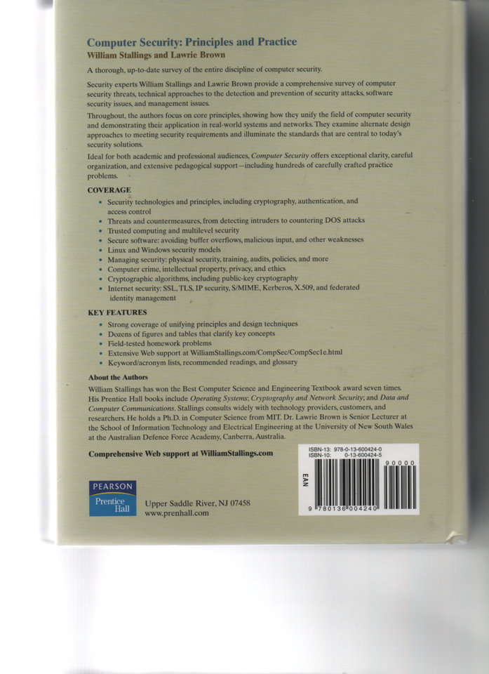 COMPUTER SECURITY PRINCIPLES AND PRACTICES BY WILLIAM STALLINGS HC ...