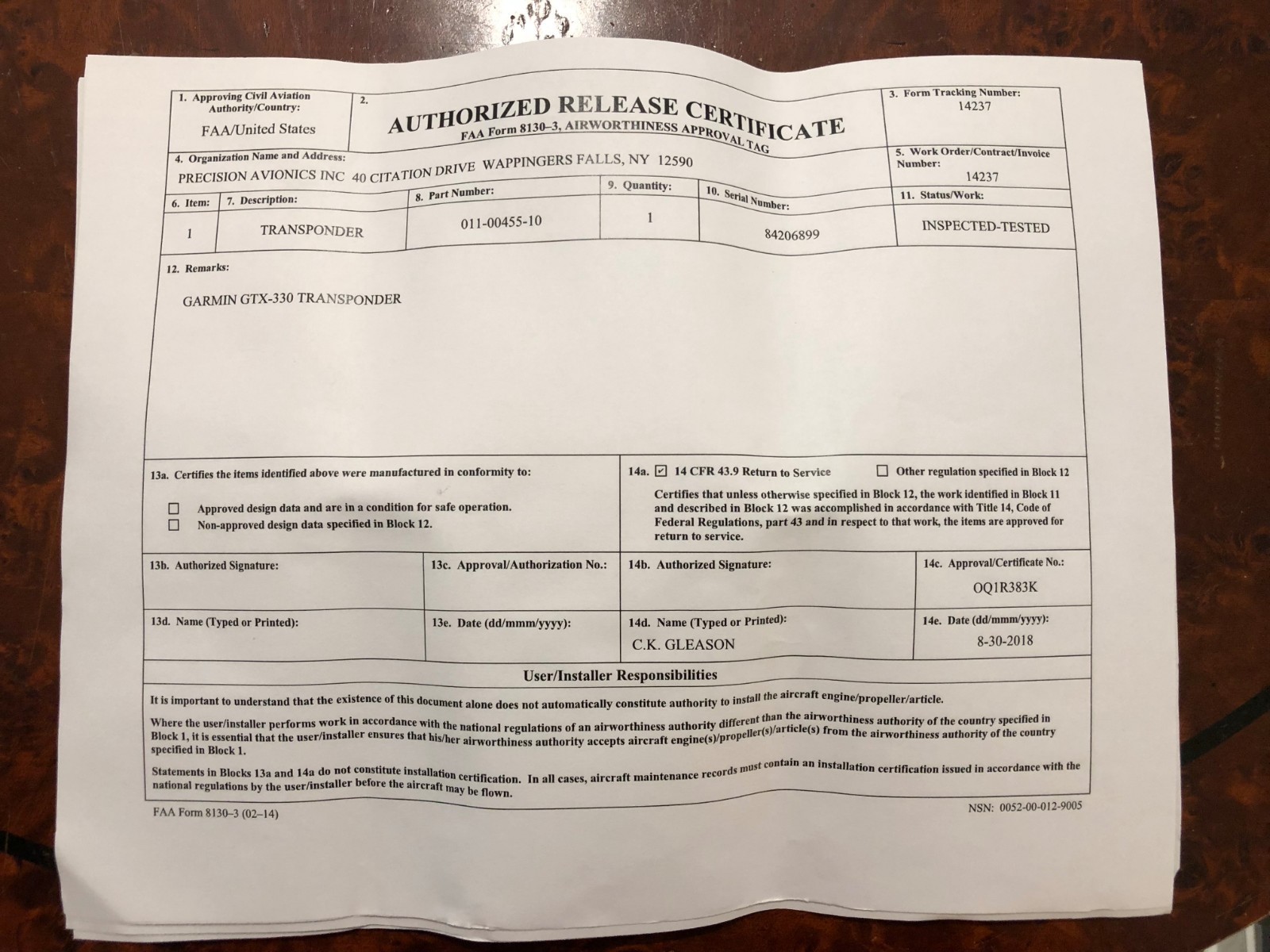 GARMIN GTX 330D MODE S DATALINK TRANSPONDER P/N 011-00455-10 FORM FAA ...