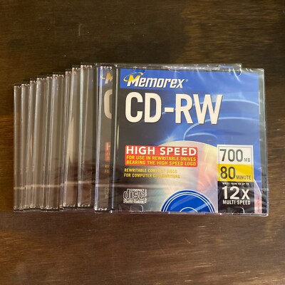 High Speed Memorex 10 Pack CD-RW Discs 12X 700Mb 80min Blank NEW W ...