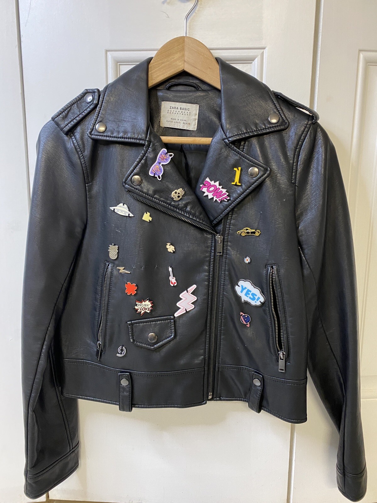 Zara Rare Black Faux Leather Biker Jacket Patches Pin… - Gem