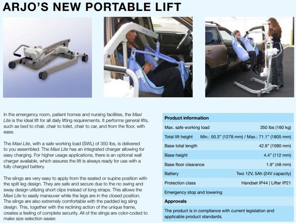 ARJO MAXI LITE PORTABLE FOLDABLE VEHICLE PATIENT LIFT W/ CHARGER BATTERIES SLING | eBay