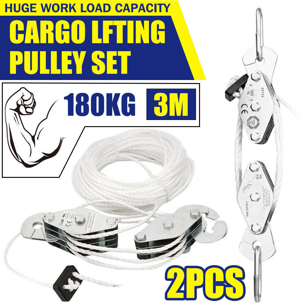 2PACK 180kg Loading Cargo Lifting Pulley 20M Long Rope Winch Hoist Max ...