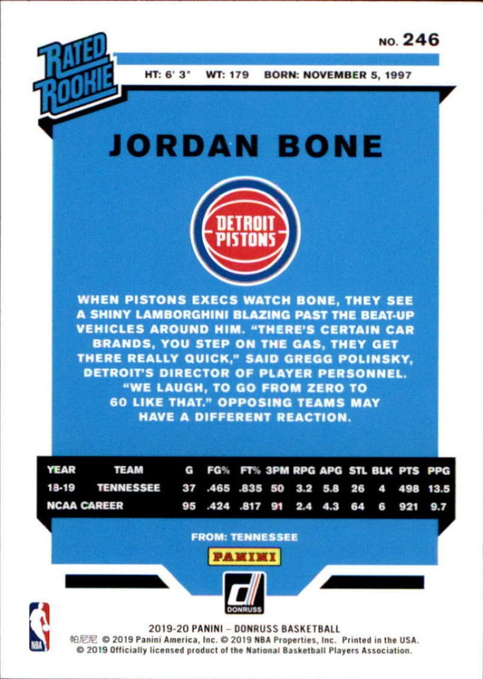 JORDAN BONE RC 2019-20 Donruss #246 RATED ROOKIE Pistons ID:1962 | eBay