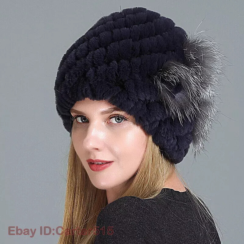 Women Real Rex Rabbit Fur Beanie Cap Winter Warm Hat with Fox Handmade ...