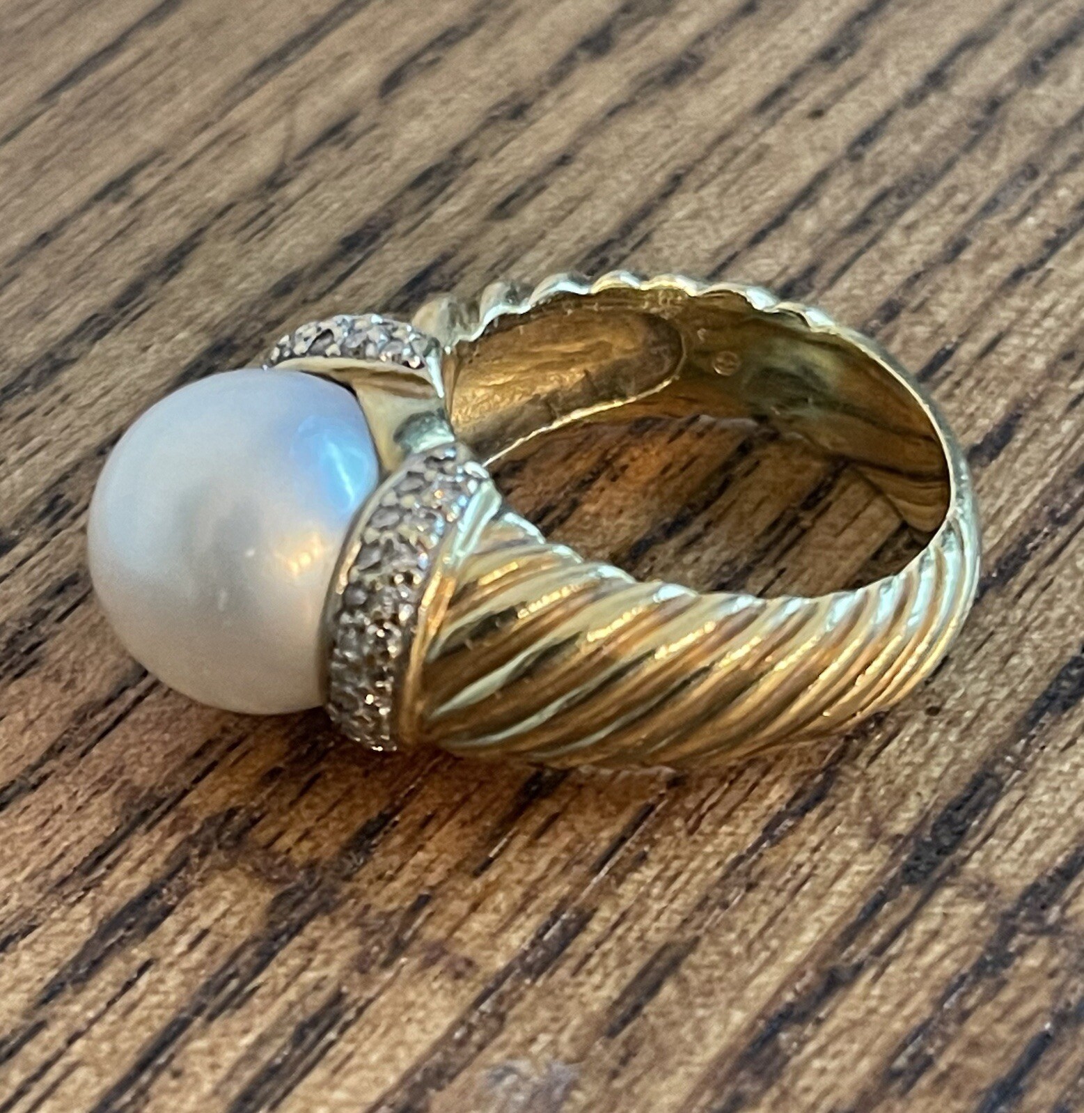 David Yurman-18k Yellow Gold, Pearl & Diamond Cable Ring-13mm Pearl-20. ...