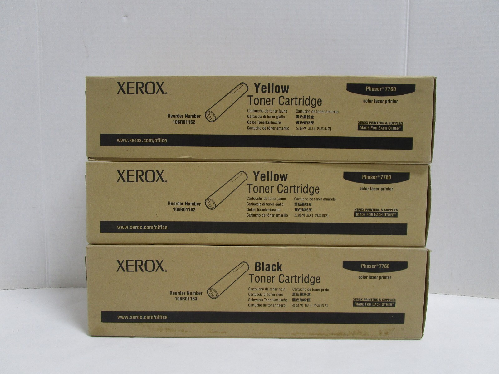 GENUINE XEROX Phaser 7760 2-106R01162 YEL, 1-106R01163 BLK TONER NEW ...