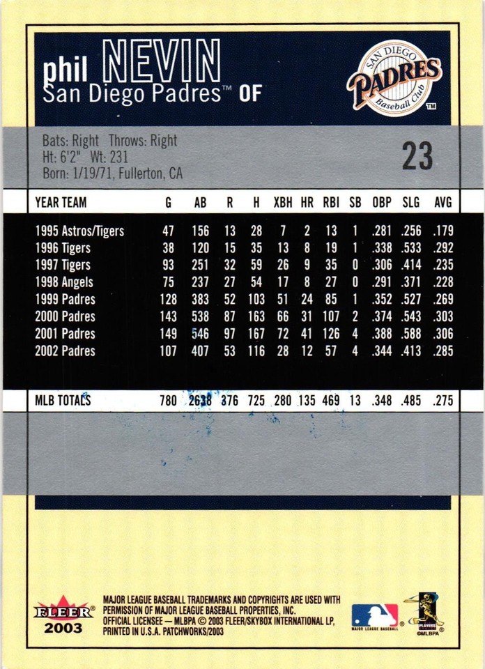Phil Nevin Signed #23 2003 Fleer Patchworks MLB Baseball AUTO card ...