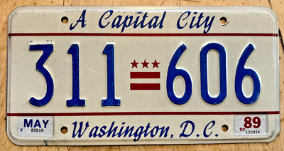1989 WASHINGTON DC NATIONS CAPITOL AUTO LICENSE PLATE " 311 606 " DC | eBay