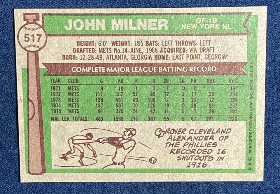 1976 TOPPS #517 JOHN MILNER (NEW YORK METS) BASEBALL CARD | eBay