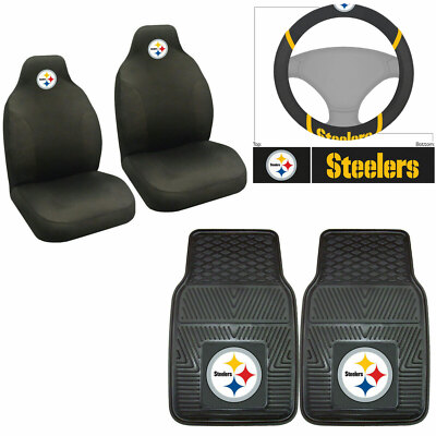 5PC NFL Pittsburgh Steelers Front Seat Covers Floor Mats & Steering ...