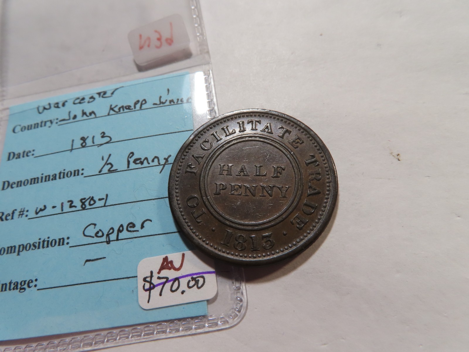 N39 Great Britain Worcester 1813 John Knapp Jr. 1/2 Penny Token W-1280 ...
