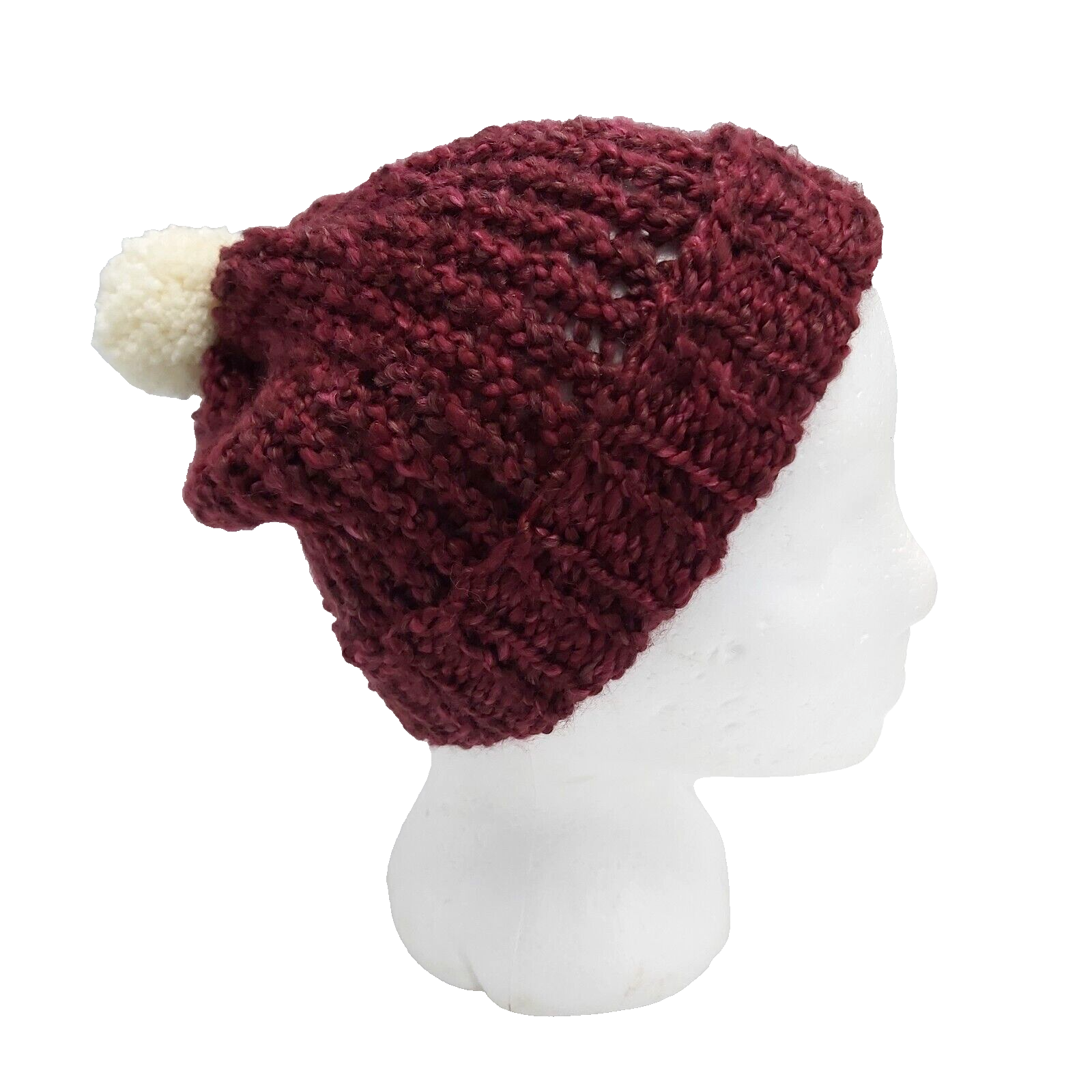 Handmade Loom Knit Chunky Beanie Slouch Hat Toque Cream Pompom S-M Dark ...