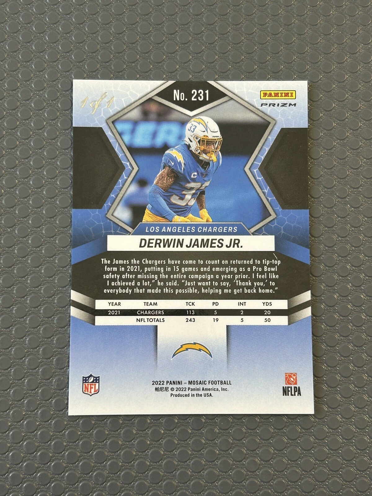 2022 Mosaic BLACK Derwin James 1/1 True Black #231 Chargers All Pro 1 ...