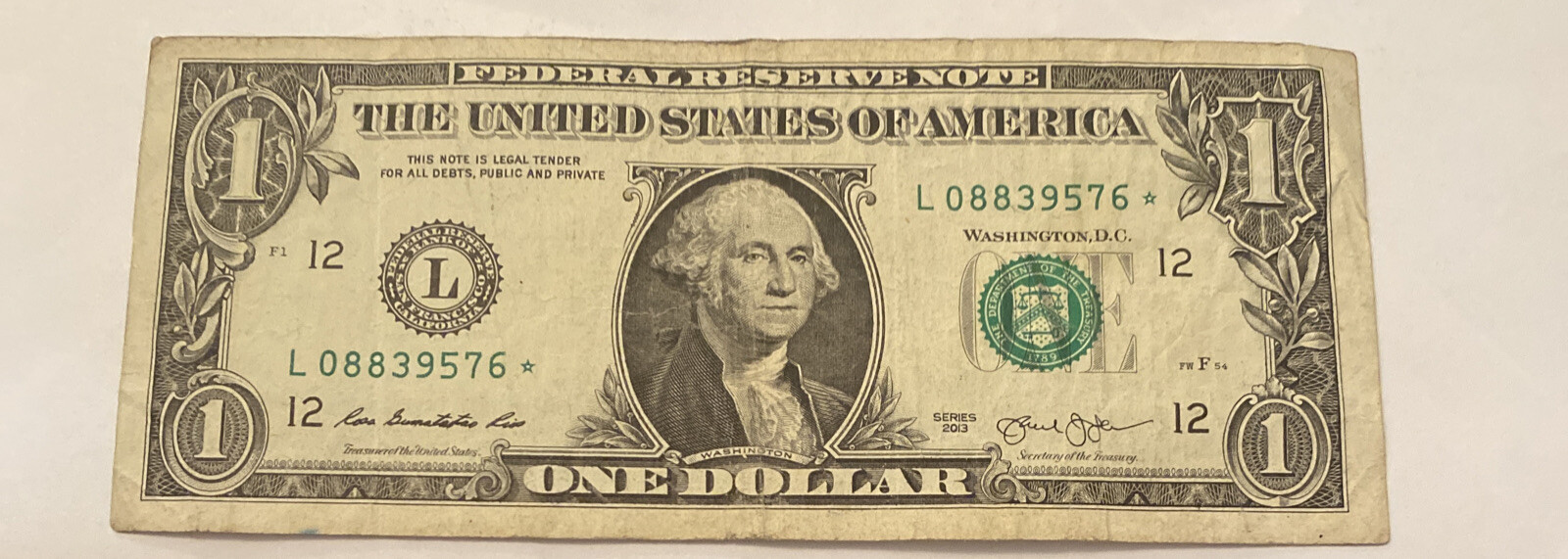 star notes 1 dollar 2013 Federal Reserve. Note Serial Number L 08839576 ...