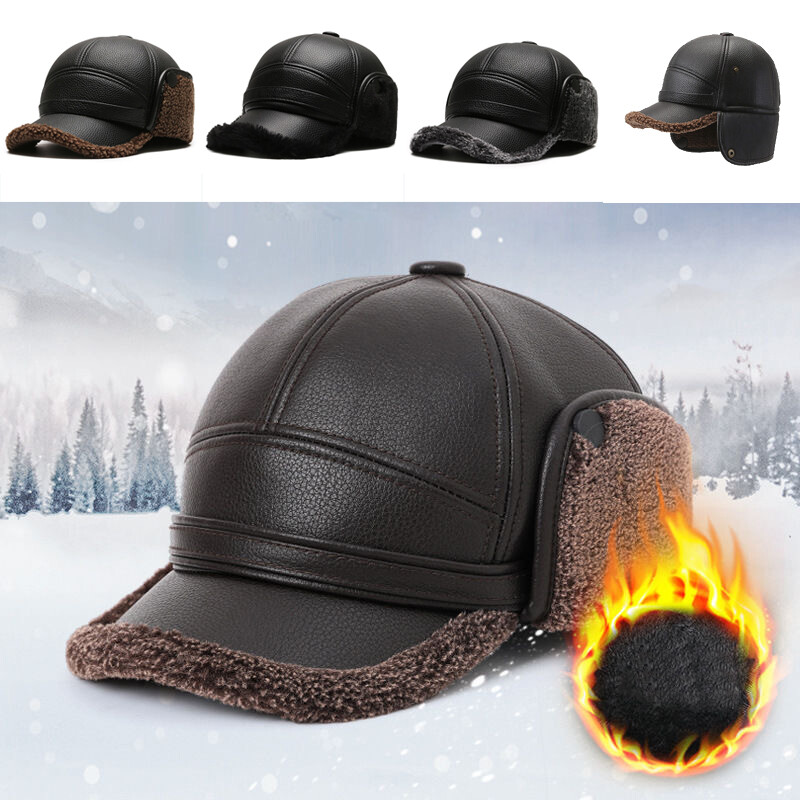Men Baseball Caps With Ear flaps Cotton PU Warm Fall Winter Thick Hats ...