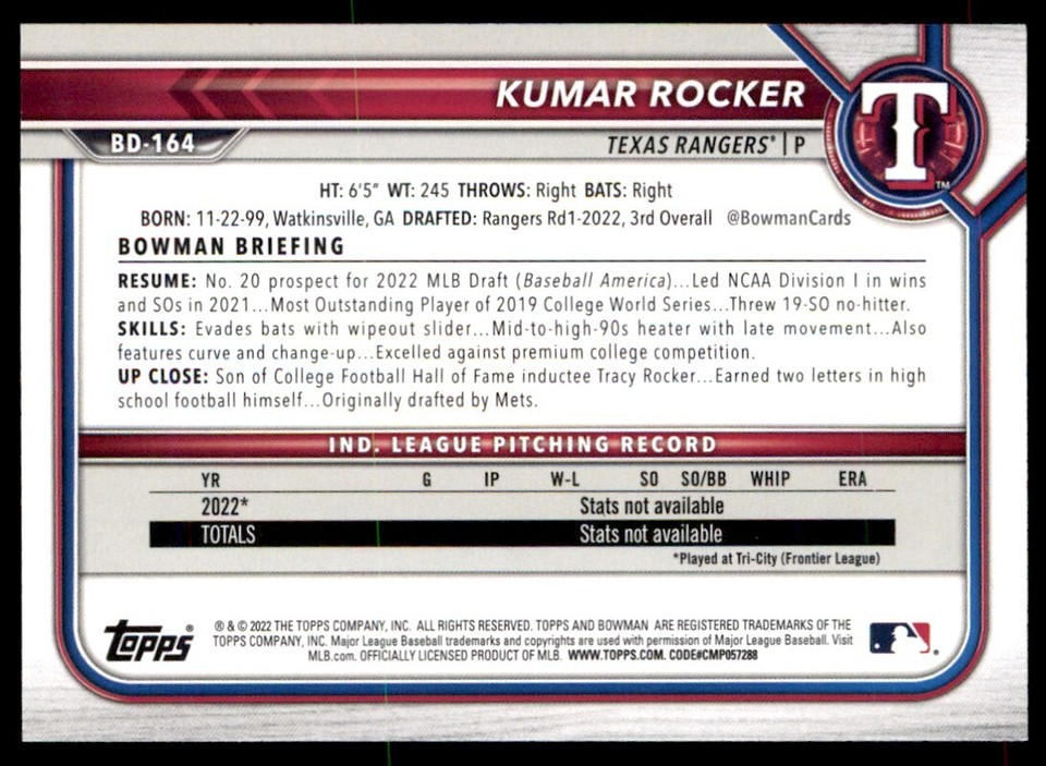 2022 Bowman Draft Baseball 1st Bowman Paper BD-164 Kumar Rocker | eBay