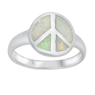 12mm Circle Peace Symbol Created White Opal Ring 925 Sterling Silver ...