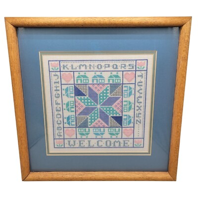 Welcome Sampler Cross Stitch Blue Pink Quilt Pattern Wood Framed | eBay